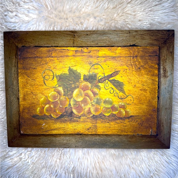 Art | Vintage Painting Of Golden Grapes Painted On Wood Block With ...